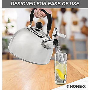 HOME-X Shiny Whistling Kettle, Stainless-Steel Stovetop Tea Kettle, Whistling Water Boiler, Large 2 Liter Capacity,8 ¾” L x 7" W x 8 ¼”, Polished Stainless-Steel