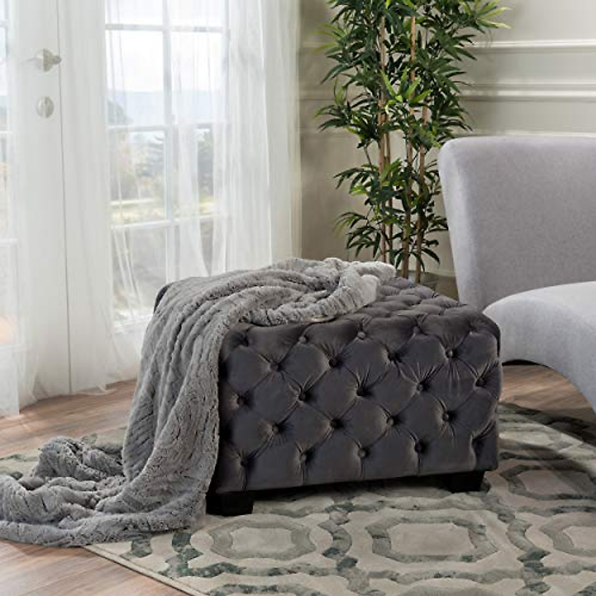 Great Deal Furniture Melvek Modern Glam Button Tufted Velvet Ottoman, Gray and Dark Brown