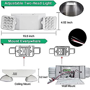 12 Pack LED Emergency Light Fixture, Commercial Emergency Lights with Battery Backup, Square Two Head Adjustable LED Emergency Light for Power Failure Business, Emergency Exit Light AC 110V-277V