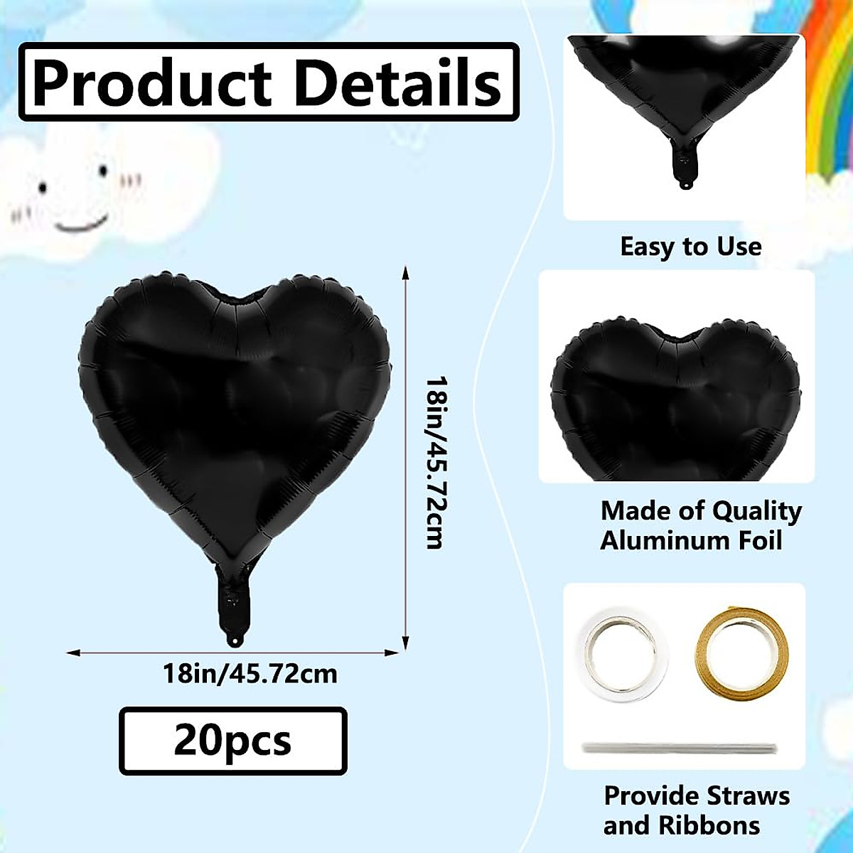 Xiuhusha Black Heart Balloons 20pcs 18Inch Heart Foil Mylar Balloons Black Balloons Black Party Decorations Love Balloons Heart Balloons for Valentine's Day Birthday Party Wedding Baby Shower