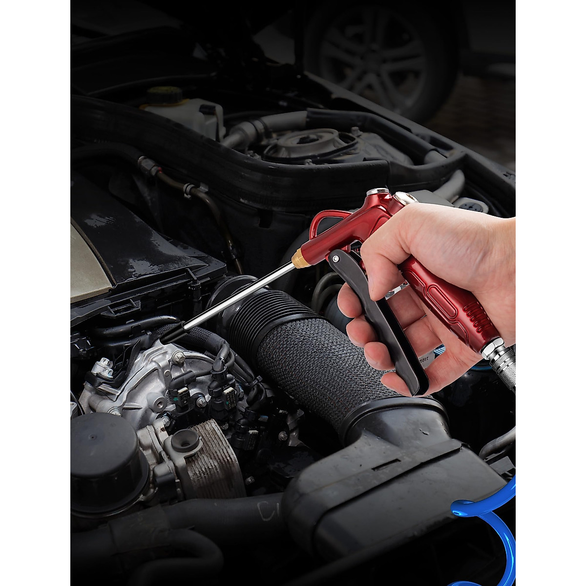 High Volume Air Blow Gun with Powerful Flow Nozzle, Retro Red Air Nozzle Blower Gun with 4.9" Stainless Steel Extension & 1/4'' Standard Quick Plug, Pneumatic Tool for Air Compressor Accessories