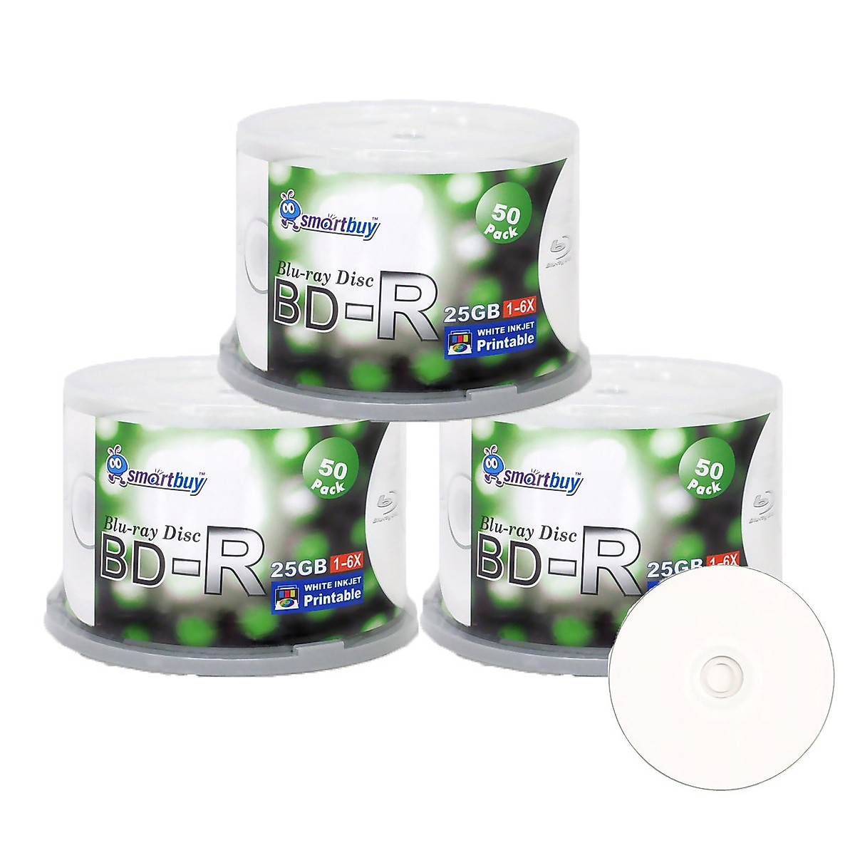 Smartbuy 150-disc 25gb 6X Bd-r BDR Blu-ray Single Layer White Inkjet Hub Printable Blank Data Recordable Media Disc with Cakebox/Spindle Packing