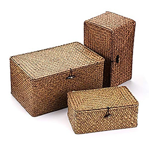 Hipiwe Set of 3 Natural Seagrass Storage Baskets with Lid - Large Handwoven Wicker Storage Bins Rectangular Household Organizer Boxes Shelf Wardrobe Organizer, Coffee