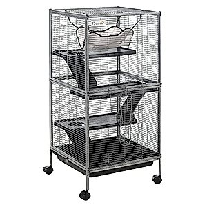 PawHut Metal Small Animal Cage Rolling Big Ferret Cage, Chinchilla Cage, Sugar Glider Cage, with Hammock & 4 Tiers, Removable Tray