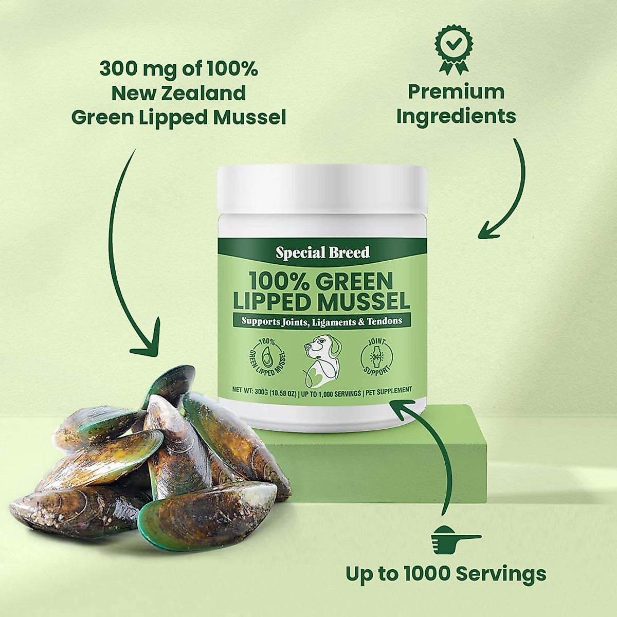 Special Breed Green Lipped Mussels for Dogs & Cats - Premium Joint Supplement Powder for HIPS, Joints, and Muscles (300 Grams, Up to 1,000 Servings)