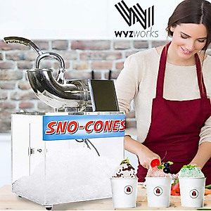 WYZworks Stainless Steel 440 lbs/hr Electric Ice Shaver Machine with Dual Blades 250W Ice Crusher Snow Cone Maker Machines w Acrylic Box for Home, Restaurants, Bars, Party