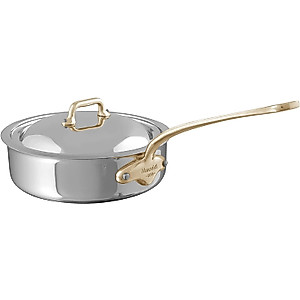 Mauviel M'Cook B 5-Ply Polished Stainless Steel Saute Pan With Lid, Brass & Helper Handle, 6.2-qt, Made In France