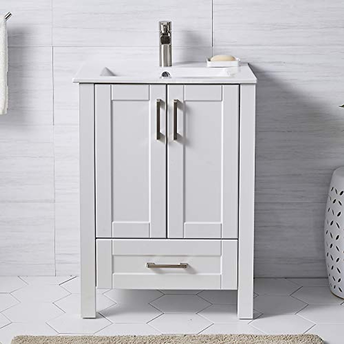Popity home 24 Inch Small Bathroom Vanity with Sink, Modern White Bathroom Vanity, Wood Standing Bathroom Vanity Set with Ceramic Vessel Sink 2 Doors 1 Drawer