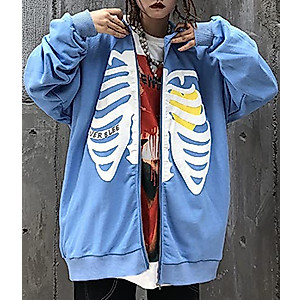 EMILYLE Women Oversized Zip Up Hoodie Fashion Long Sleeve Graphic Skeleton Sweatshirt Cool Outwear(blue-1,L)