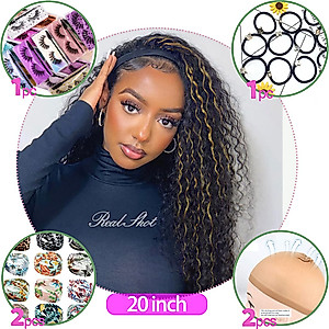 Kkioor Headband Wigs for Black Women 12inch Ombre Highlight P1b/27 Curly Headband Wigs Human Hair 10A Brazilian Remy Glueless None Lace Front Wigs 150% Density Body Curly Half Wigs