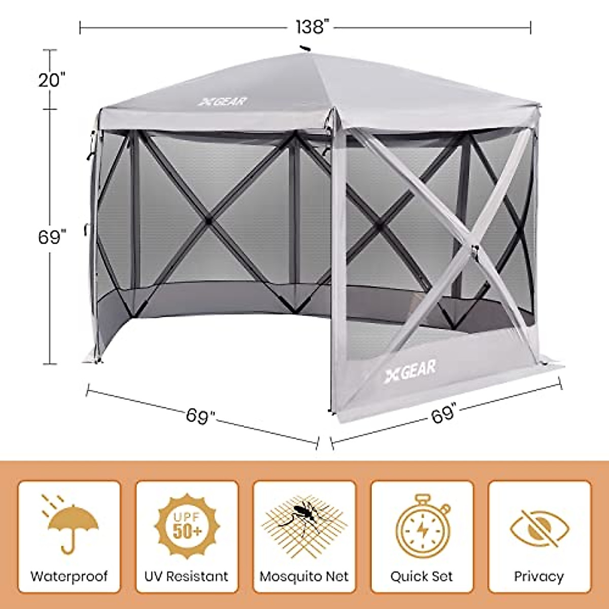XGEAR 6 Sided Pop Up Camping Gazebo 11.5’x11.5’ Instant Canopy Tent Sun Shelter Screen House with Mosquito Netting, for Patio, Backyard, Outdoor,Grey