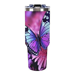 Purple Butterfly And Flower Insulated Stainless Steel Travel Mug, 40 Oz Tumbler with Handle And Straw Double-Wall Vacuum Coffee Cup, Leak-Proof Lid, Keeps Drinks Hot/Cold for Hours