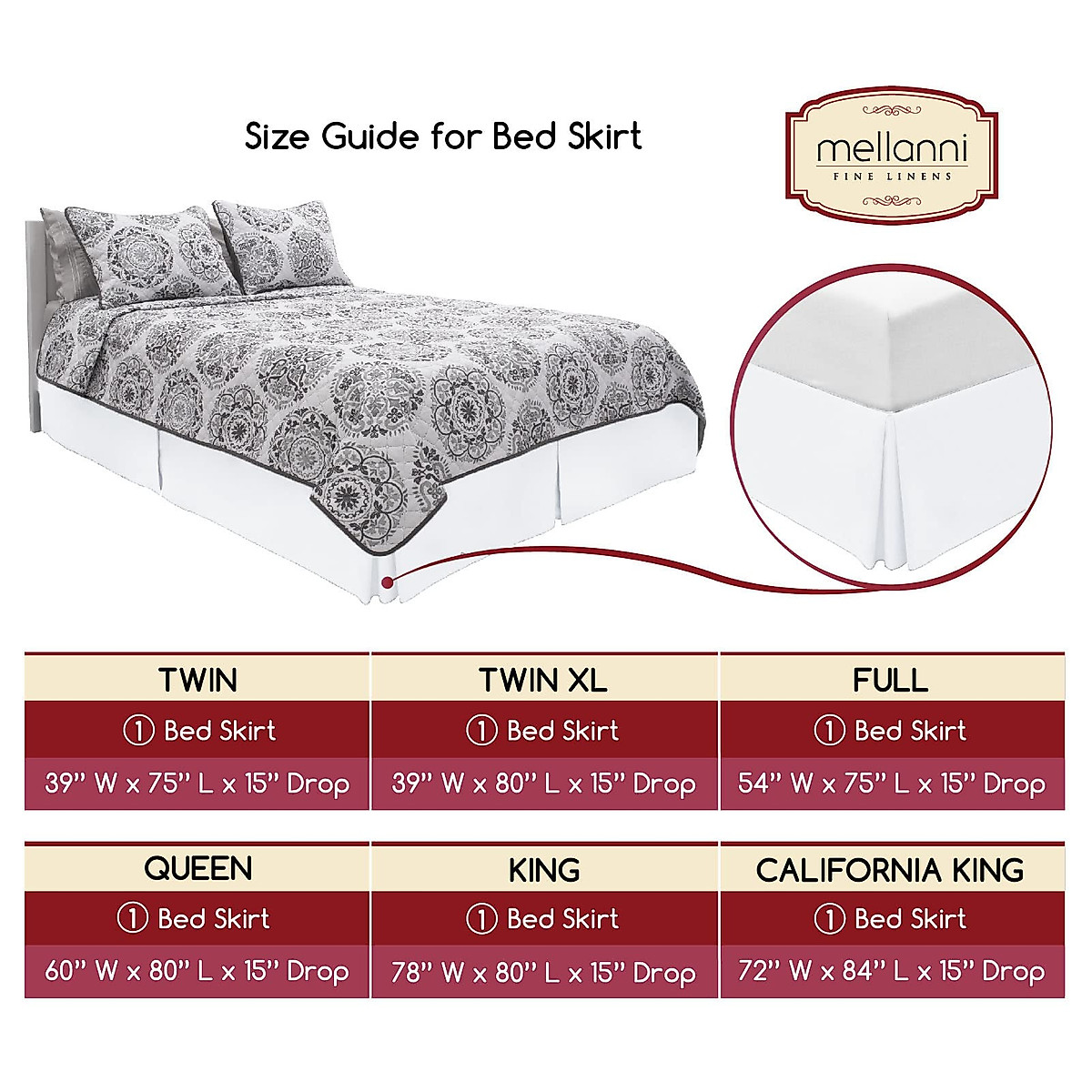 Mellanni Bed Skirt Twin Size - Bed Skirting - 15-Inch Tailored Drop Pleated Dust Ruffle - Hotel Luxury Bedding - Wrinkle, Fade, Stain Resistant - 1 Bedskirt (Twin, White)