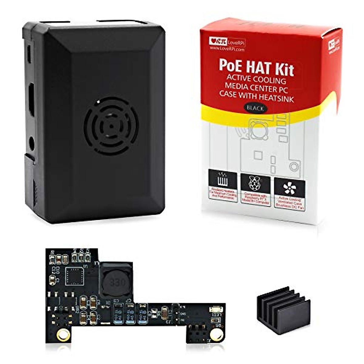 LoveRPi Power-Over-Ethernet (PoE) HAT Kit for Raspberry Pi 3 Model B+ with Black Case