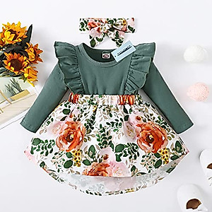 OLLUISNEO Newborn Baby Girl Dress Infant Romper Outfits Ruffle Long Sleeve Dresses Baby Green Dress Fall Baby Girl Clothes 0-3 Months