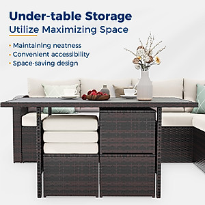 Wisteria Lane Patio Furniture Set, 7 Piece Outdoor Dining Sectional Sofa with Dining Table and Chair, All Weather Wicker Conversation Set with Ottoman, Ivory