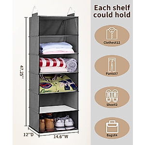 SLEEPING LAMB 6 Shelves Jumbo Hanging Closet Organizer and Storage, Hanging Clothes Organizer for Sweaters, Blankets and Coats in Wardrobe, Bedroom, Living Room, Grey