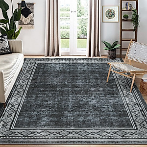 GAOMON 8x10 Area Rug Geometric Border Machine Washable Area Rug for Living Room Bedroom Modern Bordered Non-Slip Stain Resistant Accent Rug Carpet for Home Decor Floor Decoration, Grey