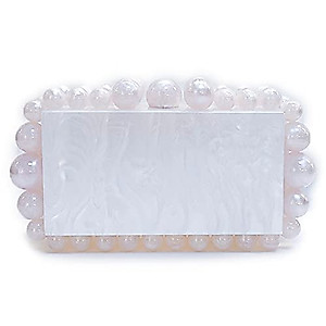 Rejolly Acrylic Clutch Purse for Women Beads Square Box Marbling Pearly Bauble Evening Handbag for Wedding Cocktail Party Prom Pearl White