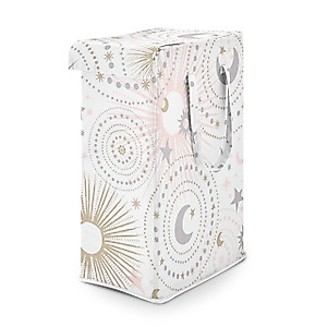 Sweet Jojo Designs Blush Pink Gold Star and Moon Girl Laundry Hamper Foldable Dirty Clothes Basket with Handles for Baby Nursery Kids Bedroom Teen Bathroom - Grey Celestial Sky Stars Gray Shabby Chic