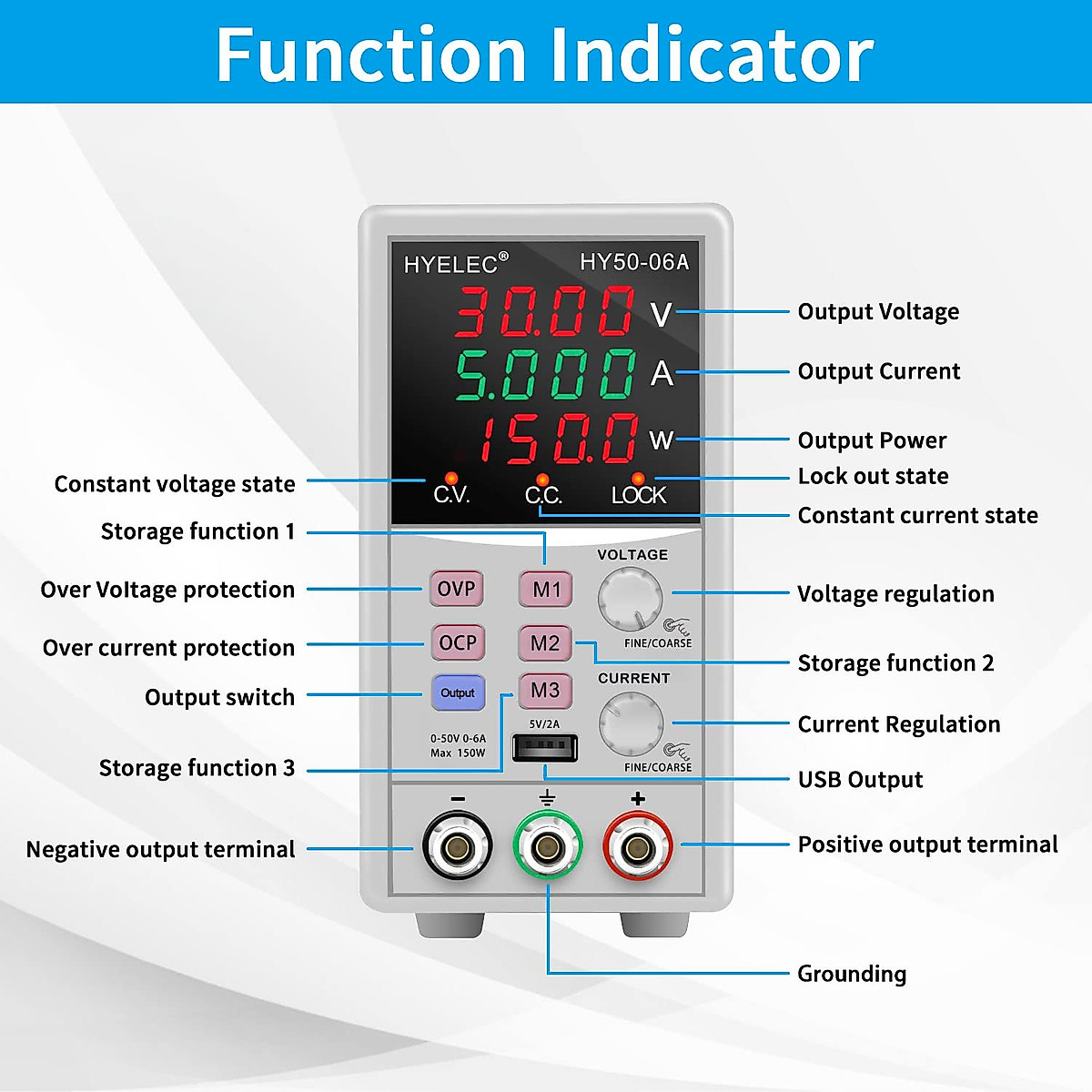 HYELEC DC Power Supply,50V 6A 150W Switching Regulated Bench Power Supply with Memory, 4-Digit LED Display, 110V Input Voltage, 5V2A USB Interface, Coarse and Fine Adjustments