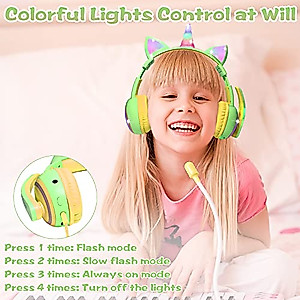 LED Lighting Unicorn Cat Ear Wired Headphones, Headphones for Kids with Microphone, Kids Headphones Safe Volume Limit 85DB, Headphones for Girls Boys for Online Learning/School/Travel/TabletGreen