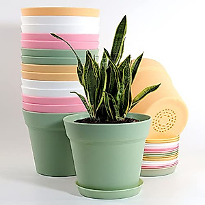WOUSIWER 16 Pack 6 inch Plastic Planters, Plastic Indoor Planter Flower Pots, Heavy Duty and Stylish 6 Inch Plant Pots for Indoor Plants with Drainage Holes and Tray for Plants, Flowers, Colorful