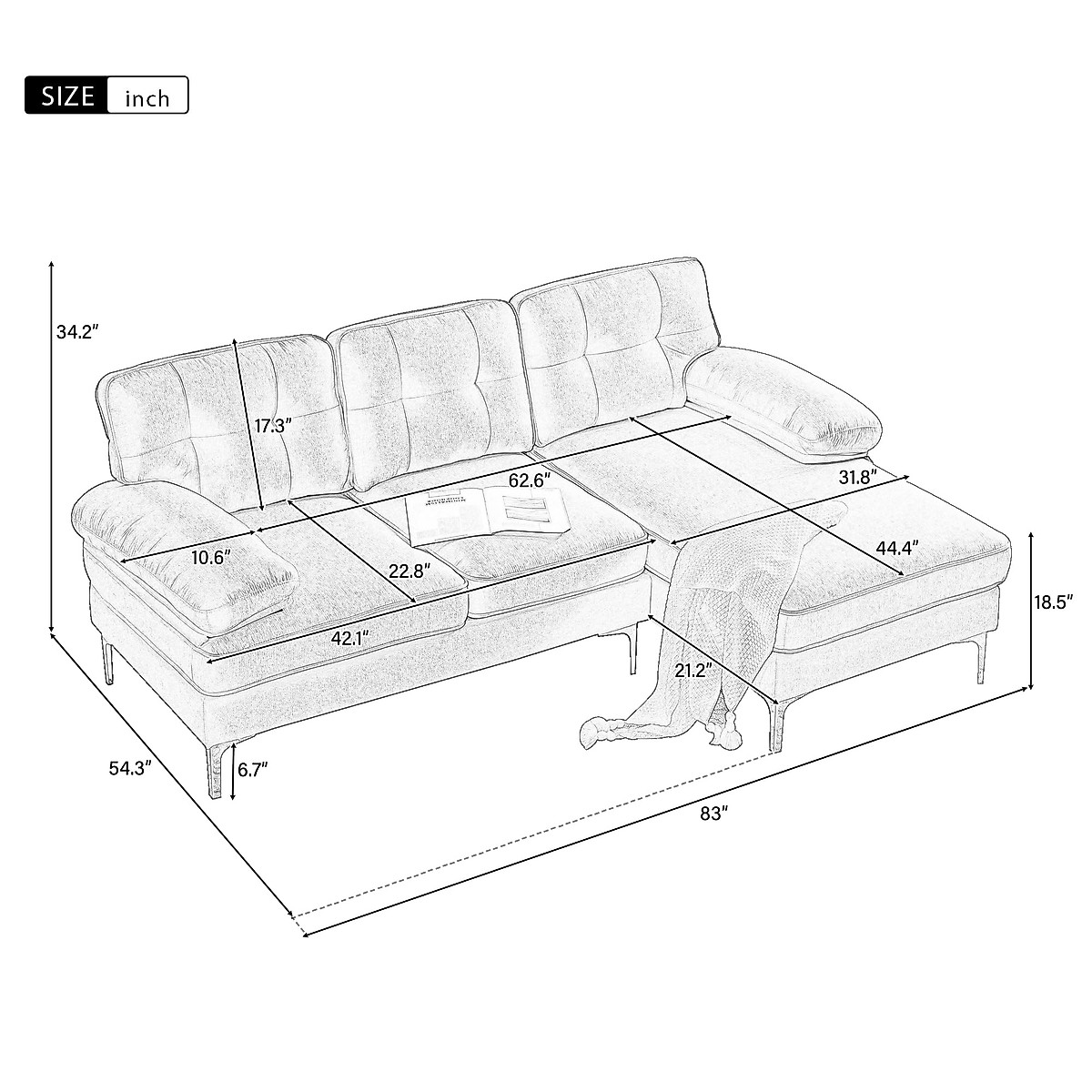 P PURLOVE Sectional Sofa, Velvet L-Shape Sofa with Chaise Lounge, Modern L-Shape Couch for Living Room, Small Spaces (Brown)