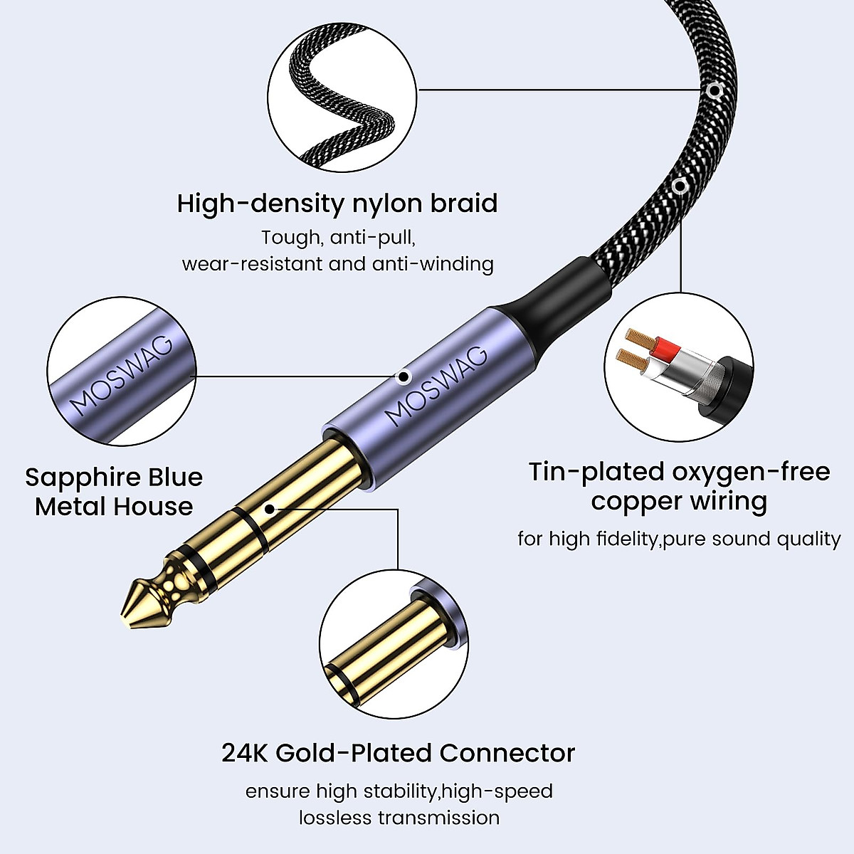 MOSWAG 6.35mm 1/4 inch to 3.5mm 1/8 inch Headphone Jack Adapter 3.28FT/1Meter,1/8 Female to 1/4 Male Extension Cable,3.5 to 6.35 Audio Cable for Mixer Guitar Piano Amplifier Speaker and More
