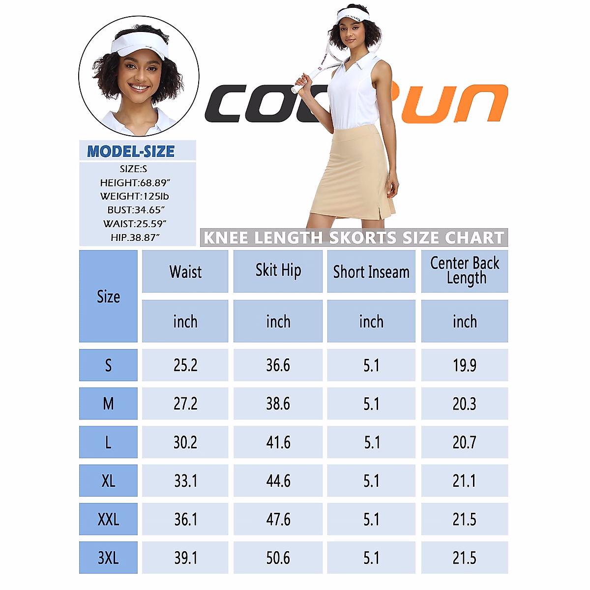COOrun Womens 20" Knee Length Skorts Skirts Modest Long Golf Skirt Lightweight Tennis Athletic Skorts with Pockets UV Protection,Black XXL