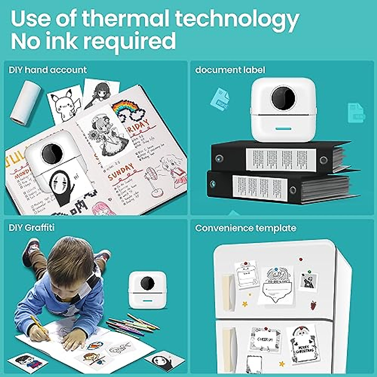 ZERNBER X5 Mini Printer Sticker Printer, Portable Inkless Black and White Thermal Bluetooth Sticker Printer for Pictures, Notes, Kids DIY Gifts (Free 10 Rolls of Printing Paper) White…