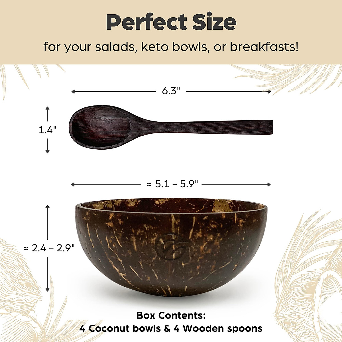 purpleclay Coconut Bowls and Wooden Spoons Set of 4 – Natural, Hand-Crafted, Vegan-Friendly, Salad, Smoothie or Buddha Bowl and Kitchen Utensils (4 Polished Bowls & Spoons)