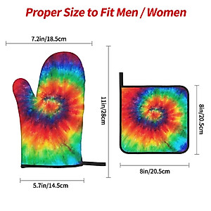 Oven Mitts and Pot Holders,4 Piece Tie Dye Rainbow Printed Heat Resistant Comfortable Oven Gloves for Cooking