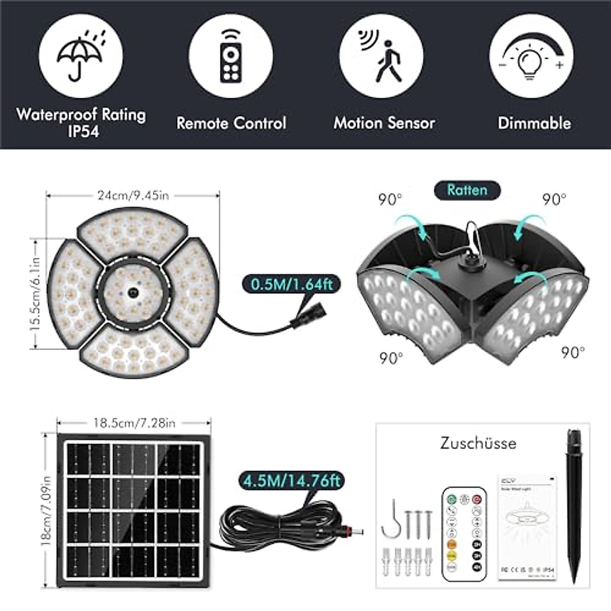 CLY Solar Shed Light Indoor Outdoor 152LED Motion Sensor Pendant Light 1000LM, Dimmable 2500K-6500K Remote Control 5 Modes Timer Memory Function Hanging Solar Lights for Garage Barn Patio Gazebo