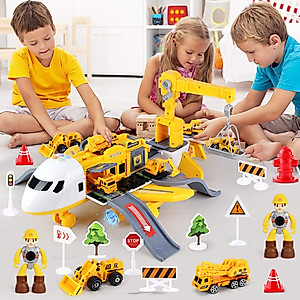 25 Pack Transport Construction Airplane Toy Play Vehicles Set for Kids Gifts, with 6 Construction Die-cast Toy Truck, 11 Road Signs-Suitable for 3 4 5 6 Year Old Boys and Girls