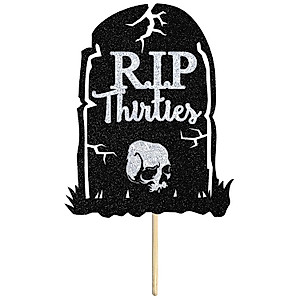 Rip Thirties Cake Topper, Death to My Youth/Rip to My 30th Cake Decor, Happy 40th Bithday Party Decoration Supplies, Black and Silver Glitter