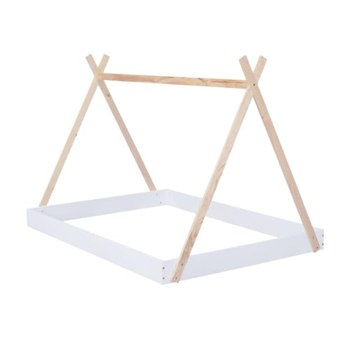 anwickjeff Full Size Tent Floor Bed with Triangle Structure, Moden Full Teepee Bed Platform Bed Frame,Wood Montessori Floor Bed for Kids Girls Boys (White+Natural)