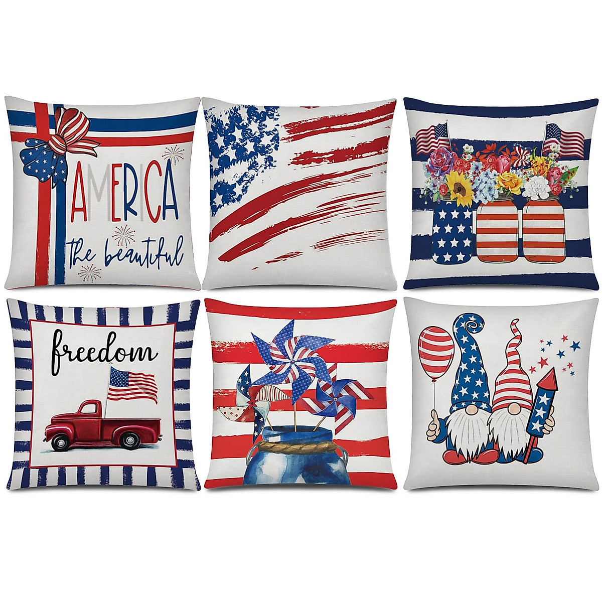 COMMINY 4th of July Pillow Covers 18x18 Set of 6 Patriotic Stripes Throw Pillow Cover American Flag Pillow Case Independence Memorial Day Decorations for Couch Home Outdoor
