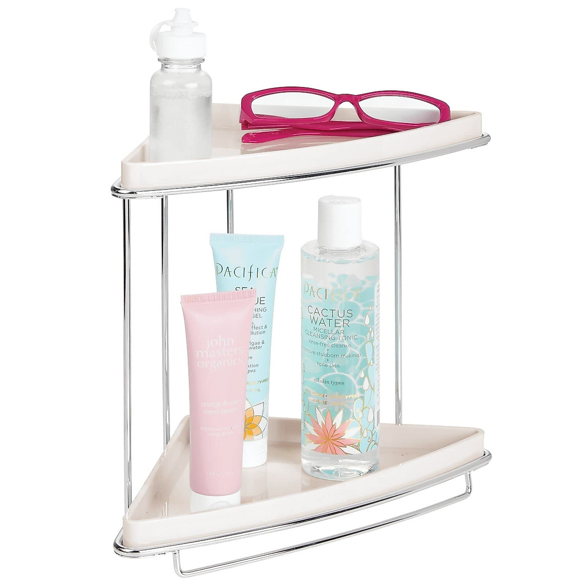 mDesign Steel/Plastic Freestanding Countertop Corner Shelf Organizer with 2-Tier Storage for Bathroom, Vanity, Cabinet, Counter - Holds Makeup, Bath Gel - Prism Collection - Cream