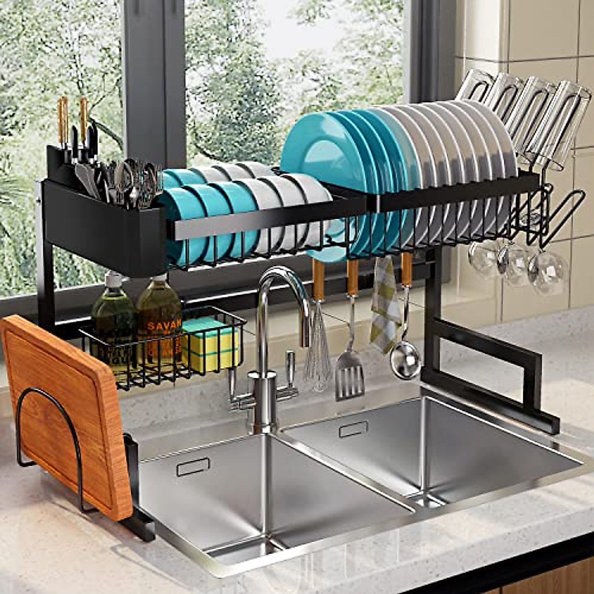 ilvvan Over Sink Dish Drying Rack (Expandable Height/Length) Snap-On Design Large Dish Drainer Stainless Steel Storage Counter Organizer (24" - 35.5"(L) x 12"(W) x 19" - 22"(H))