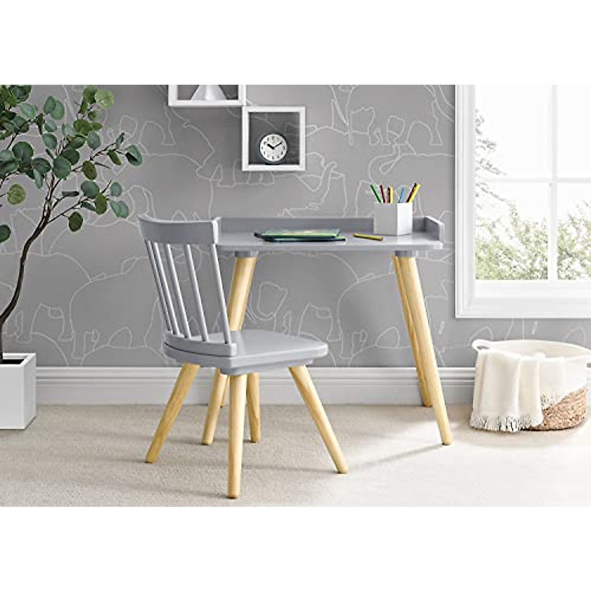 Delta Children Essex Kids' Desk & Chair Set-Greenguard Gold Certified-Ideal for Arts & Crafts, Snack Time, Studying-for Ages 4 Years+, Grey/Natural