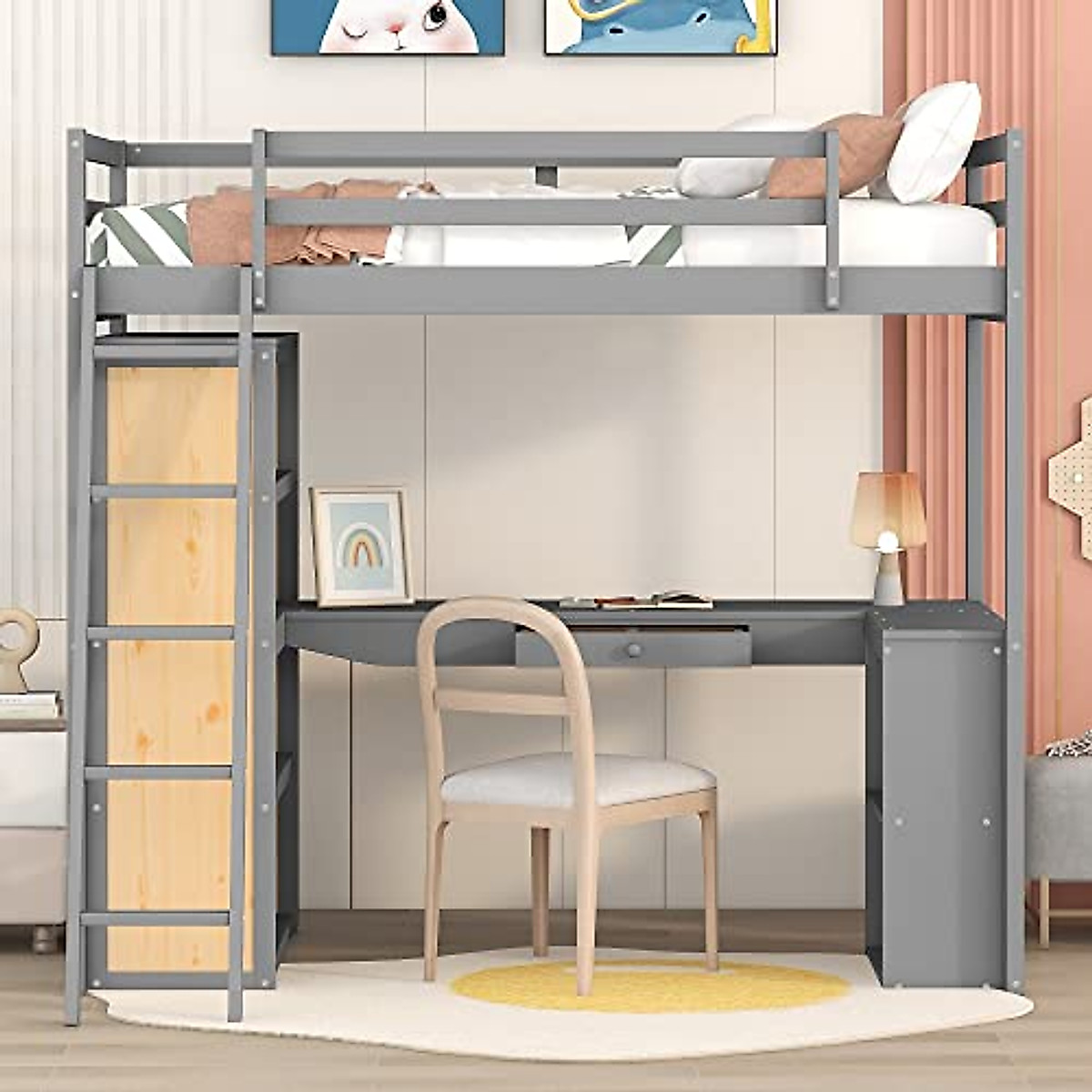 Harper & Bright Designs Loft Bed with Desk and Drawer, Wood Twin Desk,Shelves Cabinet Underneath, High Storage for Kids, Boys,Girls,Teens (Grey), Twin(Desk+Shelves+Ladder)