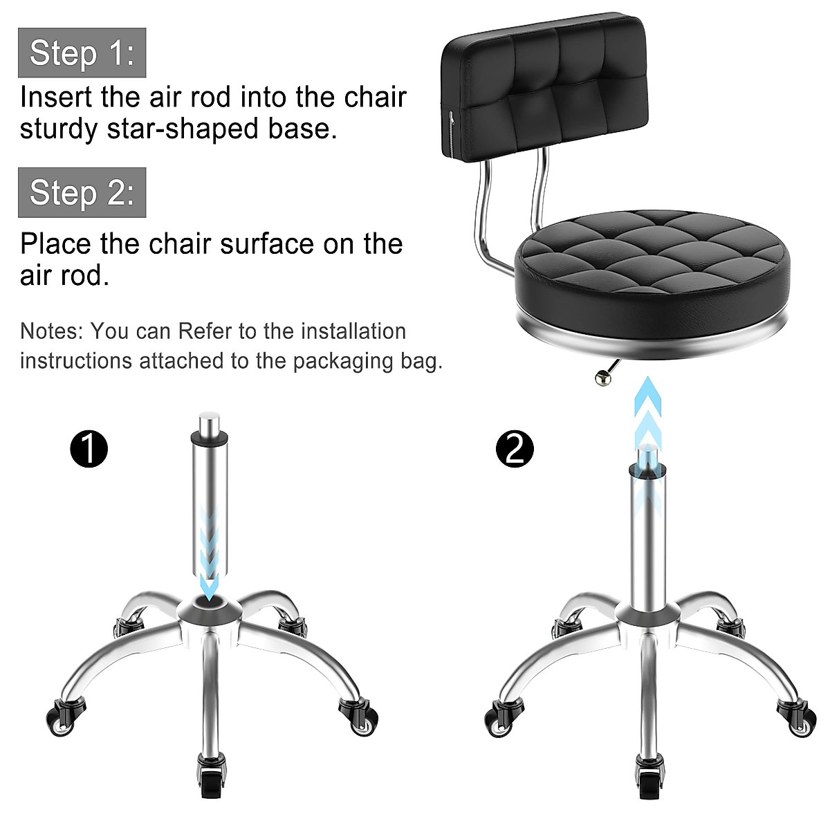 YJHome Heavy Duty 550LB Rolling Stool with Backrest Height Adjustable Stool with Wheels, Metal Salon Hydraulic Chair for Vanity Spa Guitar Desk Kitchen, Black