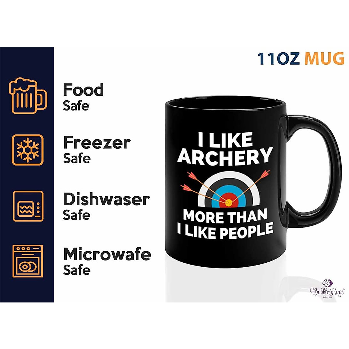 Bubble Hugs Archery Coffee Mug 11oz Black - I Like Archery More - Archery Trainer Bowfishing Deer Shooting Target Shot