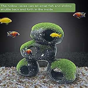 PINVNBY Stone Aquarium Hideaway Decoration Resin Cichlids Rock Decor with Artificial Moss Betta Cave Hideout Shelter Tunnel Fish Tank Ornament for Shrimp,Short Bream and Crayfish(L)