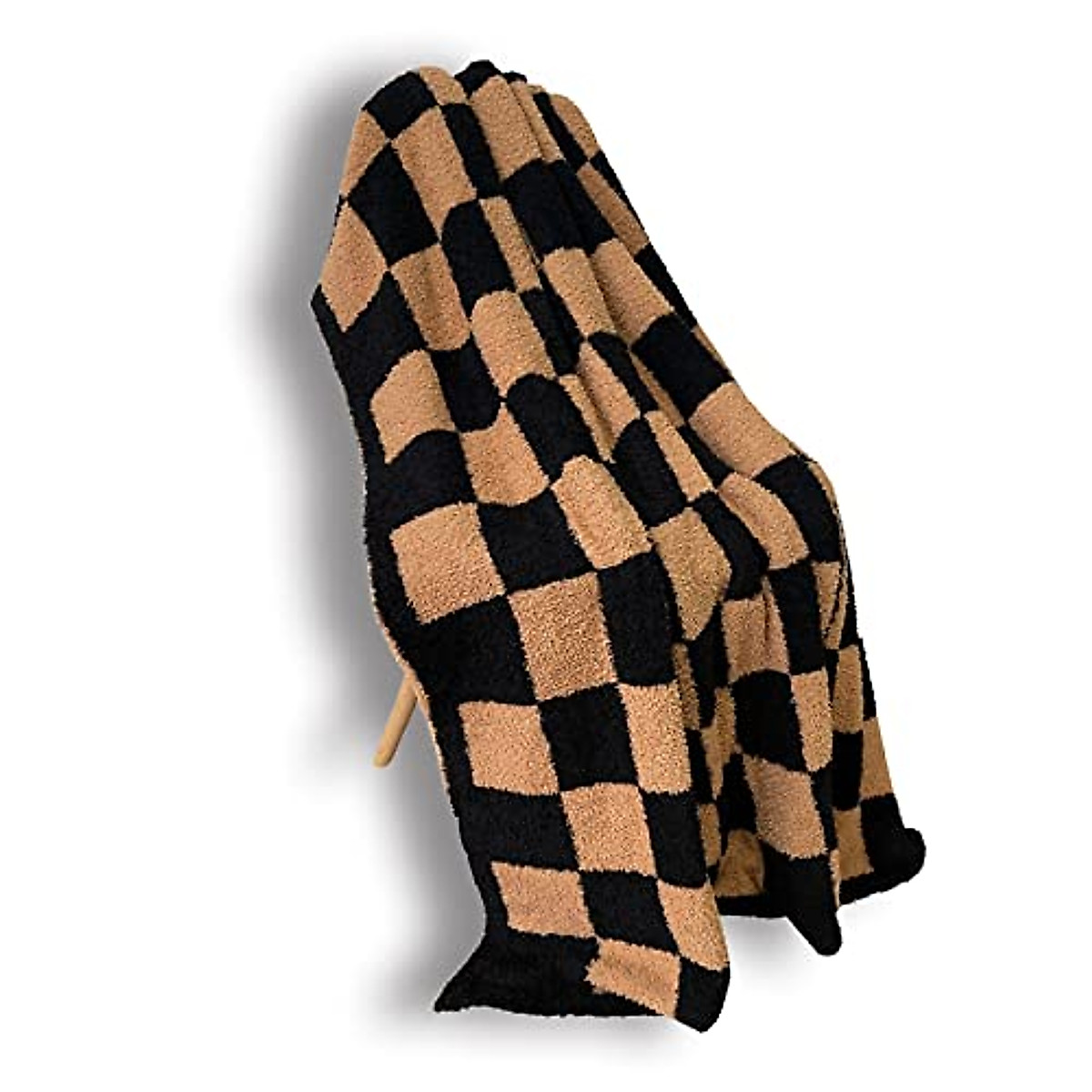 Fuzzy Checkered Throw Blanket Soft Cozy Lightweight Warm Reversible Blanket Preppy Aesthetic Decor for Couch,Chair,Sofa,Bed (Black/Camel, 51"x63")