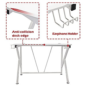 LYNSLIM Gaming Desk 39 Inch – Computer Deak for Home, K Shaped PC Gaming Table, Ergonomic Gamer Desk with Headphone Hook, Cup Holder and Cable Management (White)