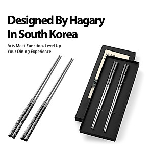 Hagary Tiger Chopsticks Metal Chopsticks Reusable Designed In Korea Japanese Style Stainless Steel 316 18/10 Non-Slip Dishwasher Safe Laser Etched (Black - 2 Pairs)