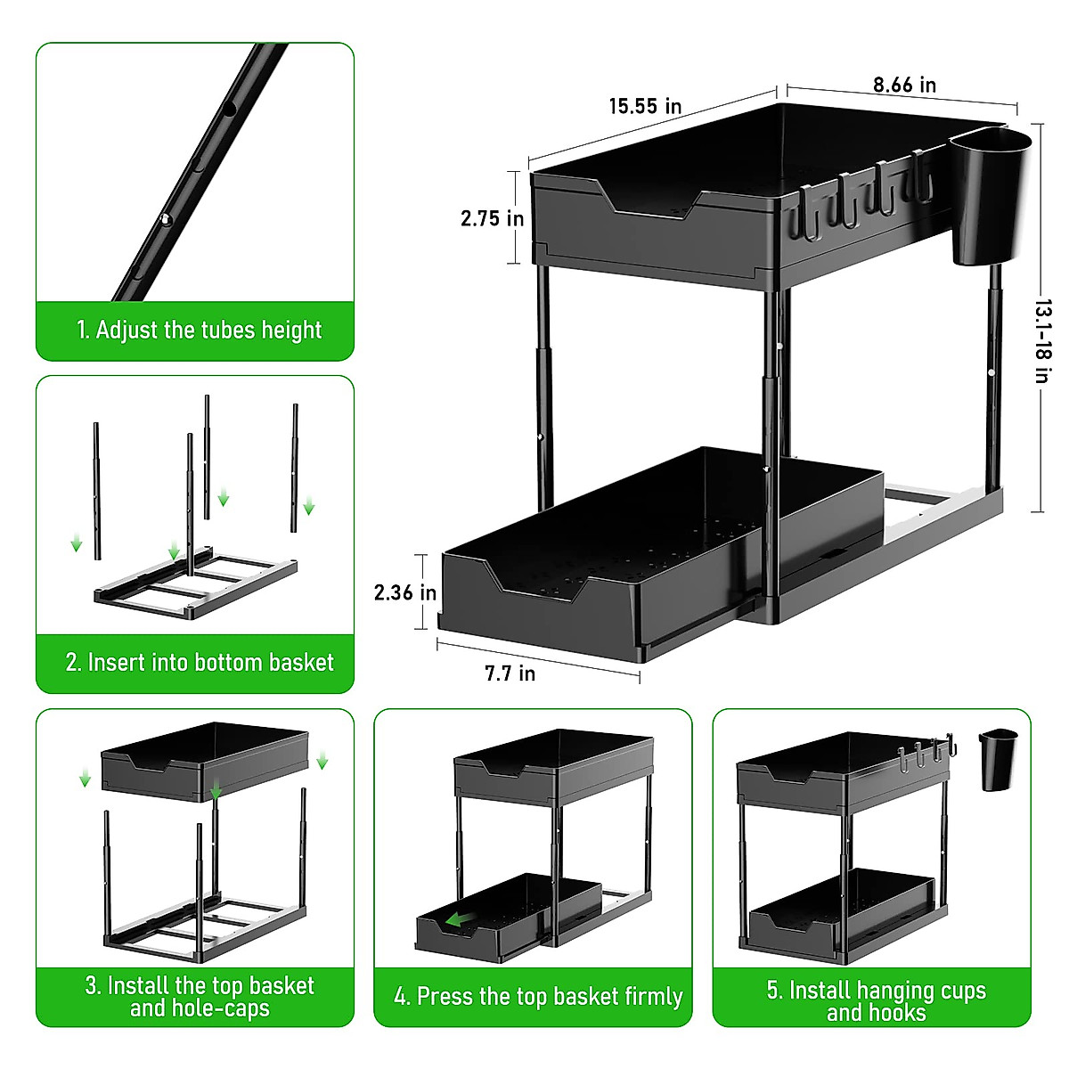 Adjustable Height Under Sink Organizer, CuivnKak Double Sliding Under Sink Organizer and Storage 2 Tier Easy Access Multi-purpose Slide Out Cabinet Organizer for Bathroom Kitchen