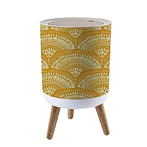 Small Trash Can with Lid for Bathroom Kitchen Office Diaper seamless repeat abstract bohemian geometric white a mustard yellow Bedroom Garbage Trash Bin Dog Proof Waste Basket Cute Decorative